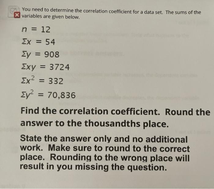 Solved You need to determine the correlation coefficient for | Chegg.com