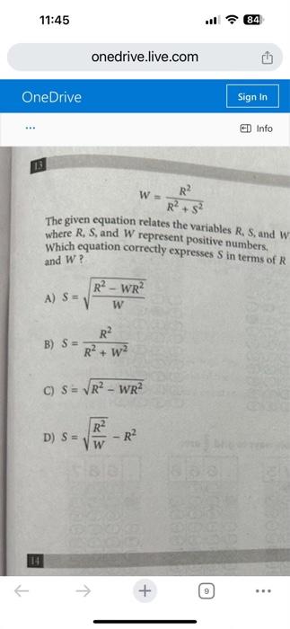 Solved W=R2+S2R2 The given equation relates the variables | Chegg.com