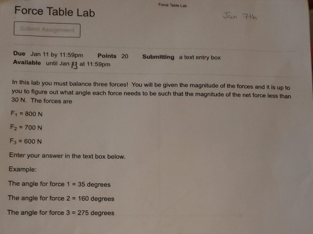 Solved Force Table Lab Force Table Lab Jan 7th Submit | Chegg.com