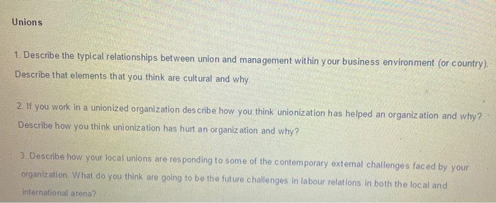 Solved Unions 1. Describe the typical relationships between | Chegg.com