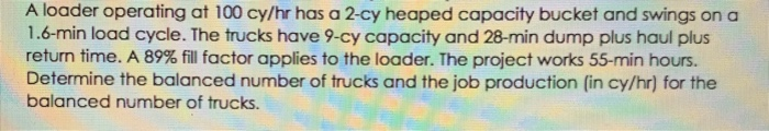 Solved A loader operating at 100 cy/hr has a 2-cy heaped | Chegg.com