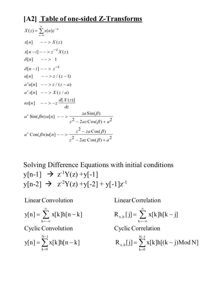 Solved [A2] Table of one-sided Z-Transforms X(z)= Xx(n)" | Chegg.com