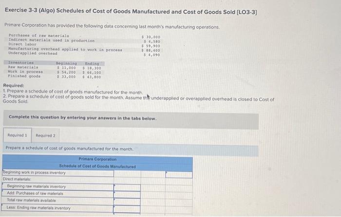 Solved Exercise 3-3 (Algo) Schedules of Cost of Goods | Chegg.com
