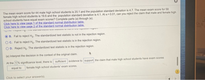 Solved The mean exam score for 44 male high school students | Chegg.com