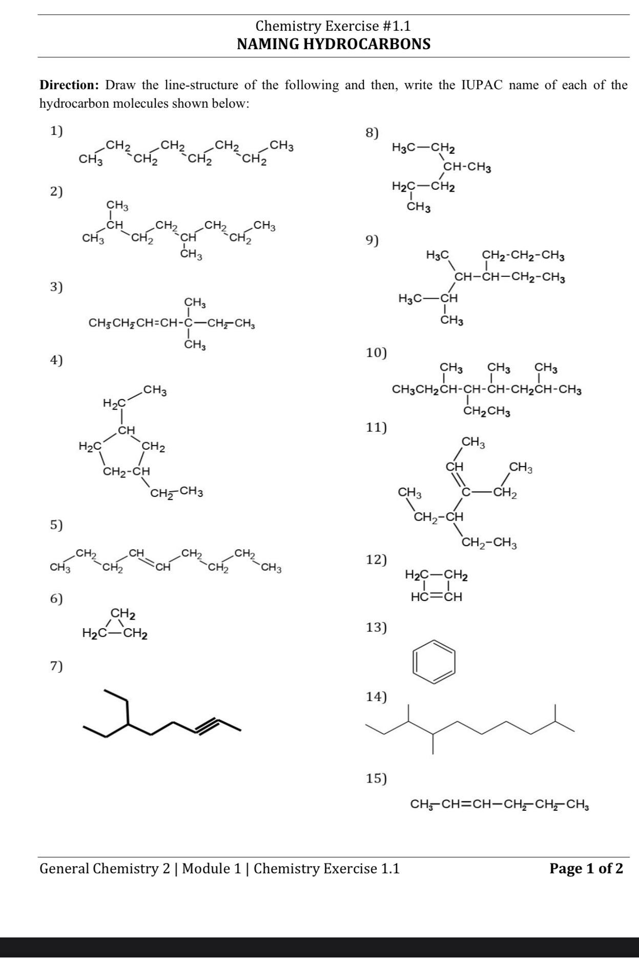 Solved Chemistry Exercise #1.1NAMING HYDROCARBONSDirection: | Chegg.com