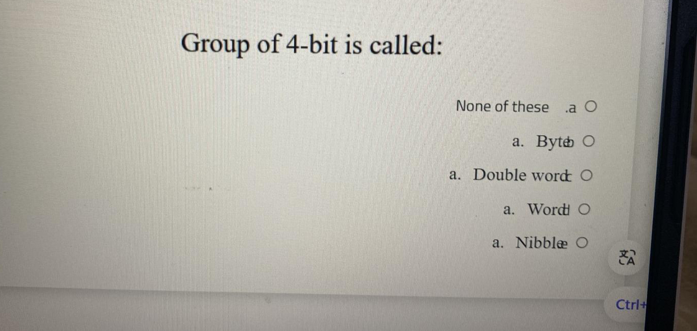 Solved Group of 4-bit is called:None of these .aa. ﻿Bytea. | Chegg.com