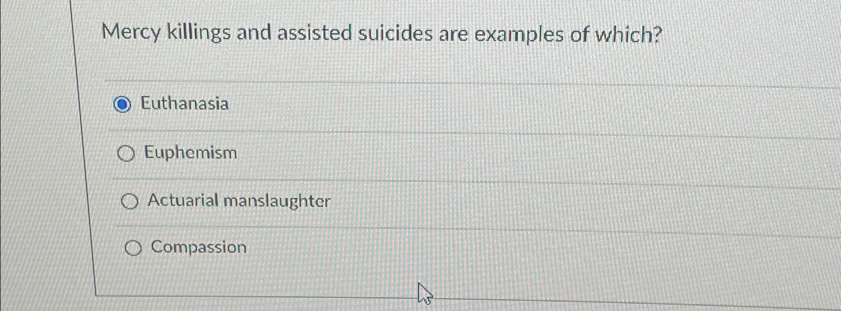 Solved Mercy killings and assisted suicides are examples of | Chegg.com
