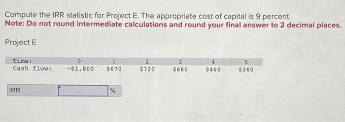Solved Compute the IRR statistic for Project E. The | Chegg.com