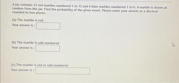 Solved A jar contains 12 red marbles numbered 1 to 12 and 6 | Chegg.com