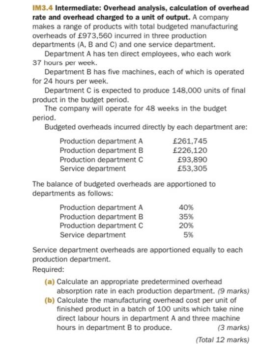Solved IM3.4 Intermediate: Overhead analysis, calculation of | Chegg.com