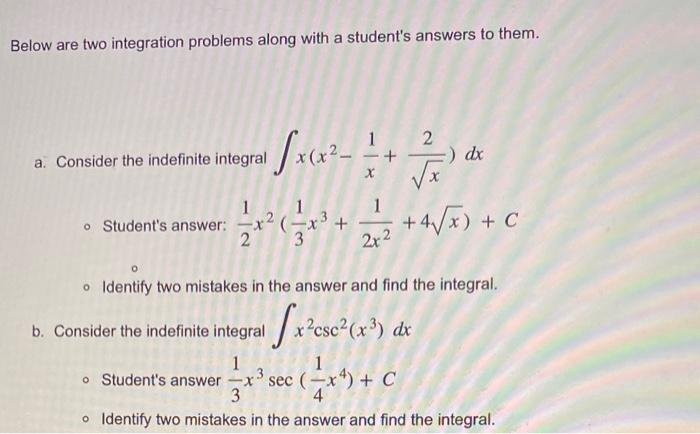 Solved Below are two integration problems along with a | Chegg.com