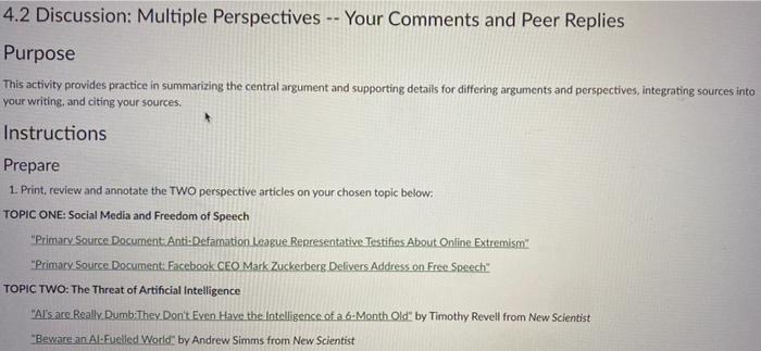 4.2 Discussion: Multiple Perspectives - Your Comments | Chegg.com