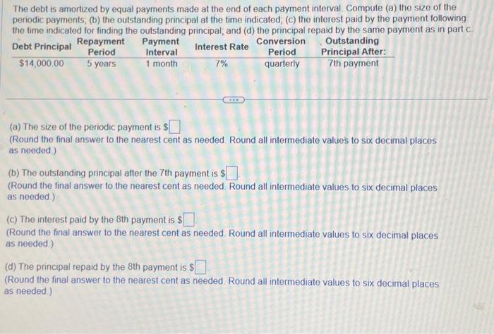 Solved The debt is amortized by equal payments made at the | Chegg.com