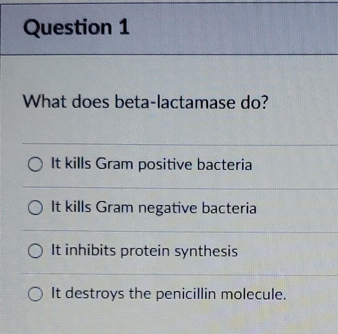 Solved Question 1 What does beta-lactamase do? It kills Gram | Chegg.com