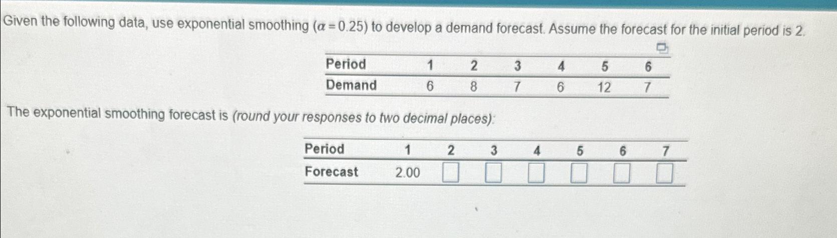Solved Given the following data, use exponential smoothing | Chegg.com