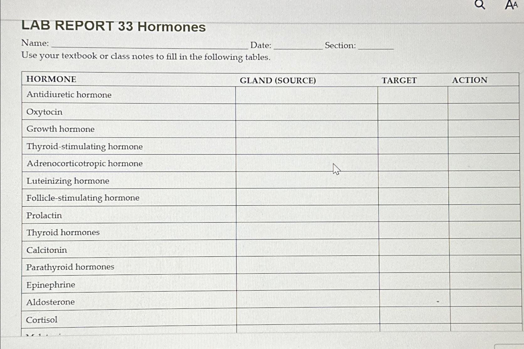 Solved LAB REPORT 33 ﻿HormonesName: Date:Section:Use your | Chegg.com