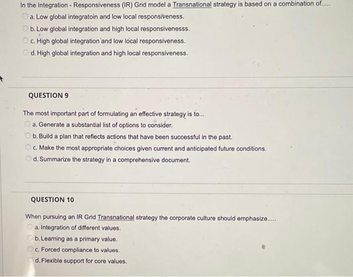 Solved In the Integration - Responsiveness (IR) Grid model a | Chegg.com Solved In the Integration - Responsiveness (IR) Grid model a | Chegg.com