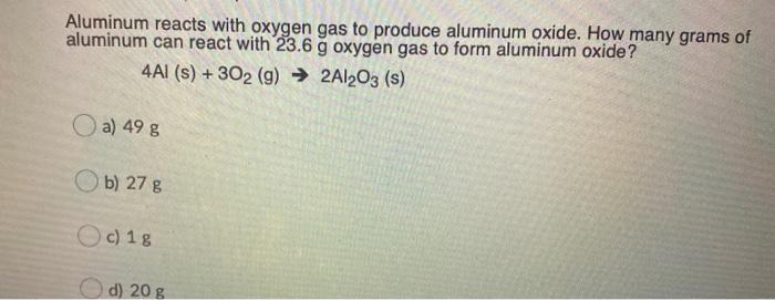 Solved Aluminum reacts with oxygen gas to produce aluminum | Chegg.com