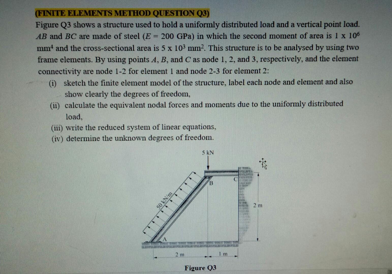 Solved (FINITE ELEMENTS METHOD QUESTION Q3) Figure Q3 shows | Chegg.com