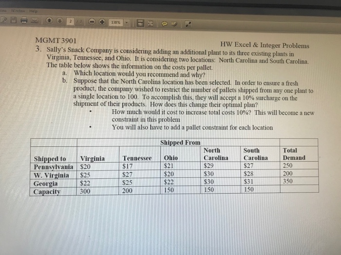 Solved Window Help MGMT3901 HW Excel & Integer Problems 3. | Chegg.com