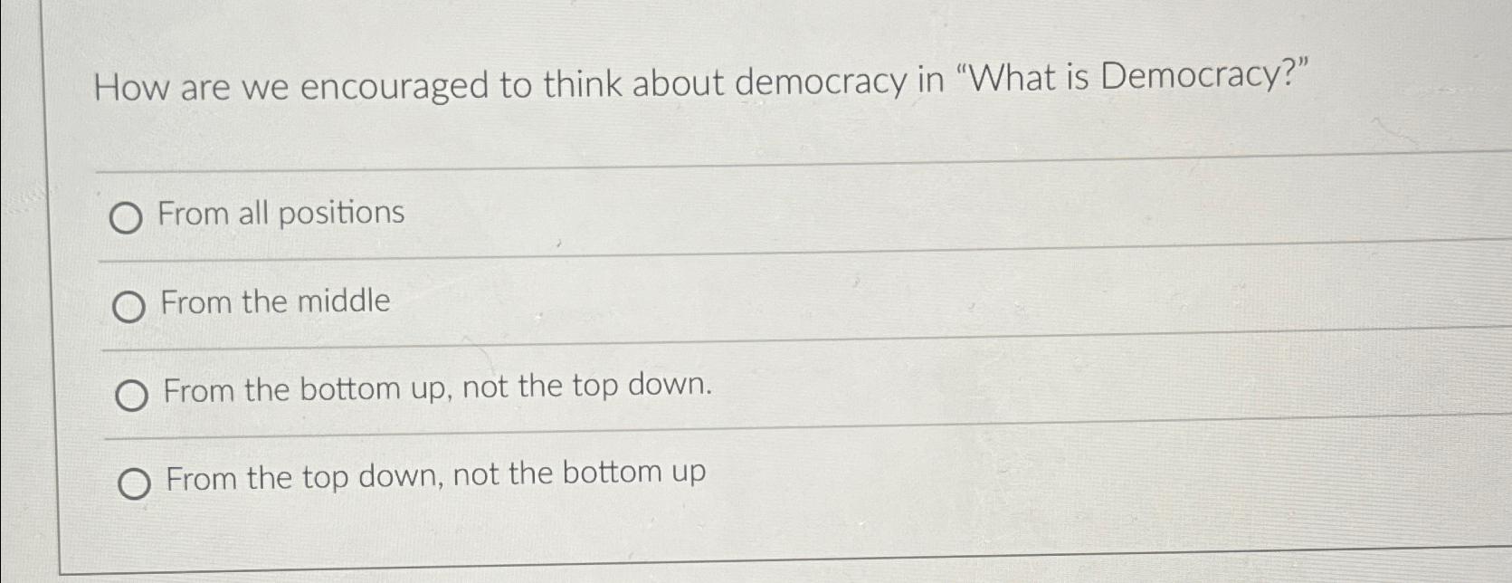Solved How are we encouraged to think about democracy in | Chegg.com