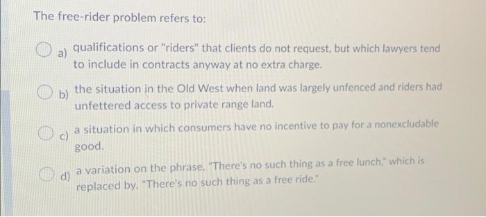 Solved The free-rider problem refers to: a) qualifications | Chegg.com