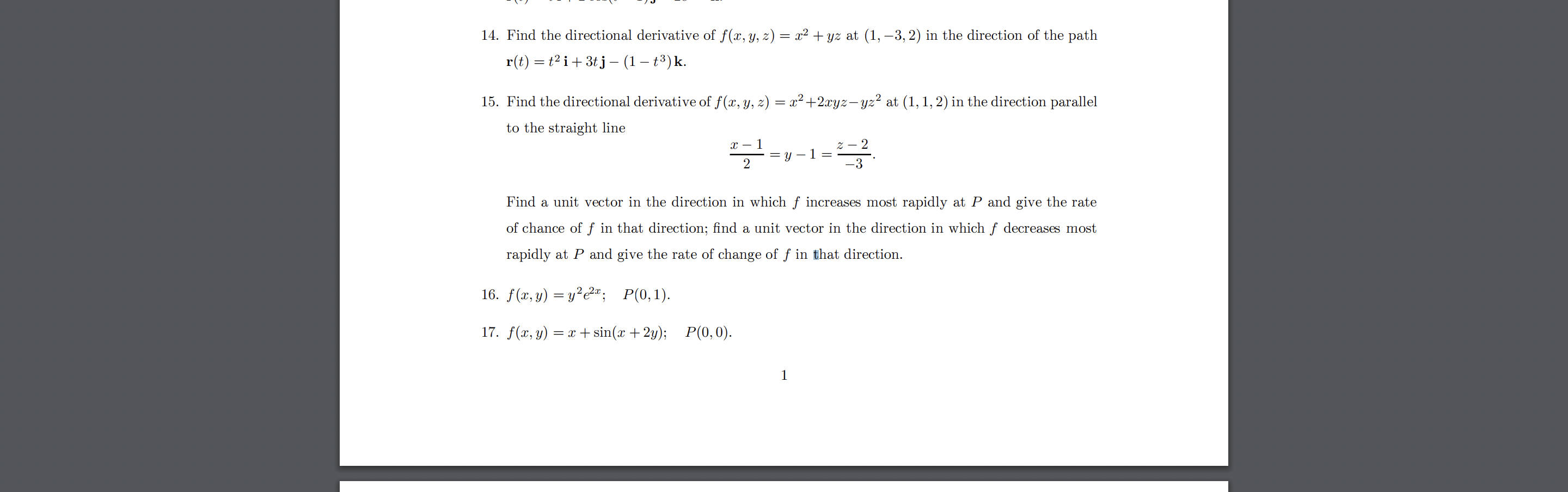 Solved Find the directional derivative of f(x,y,z)=x2+yz ﻿at | Chegg.com
