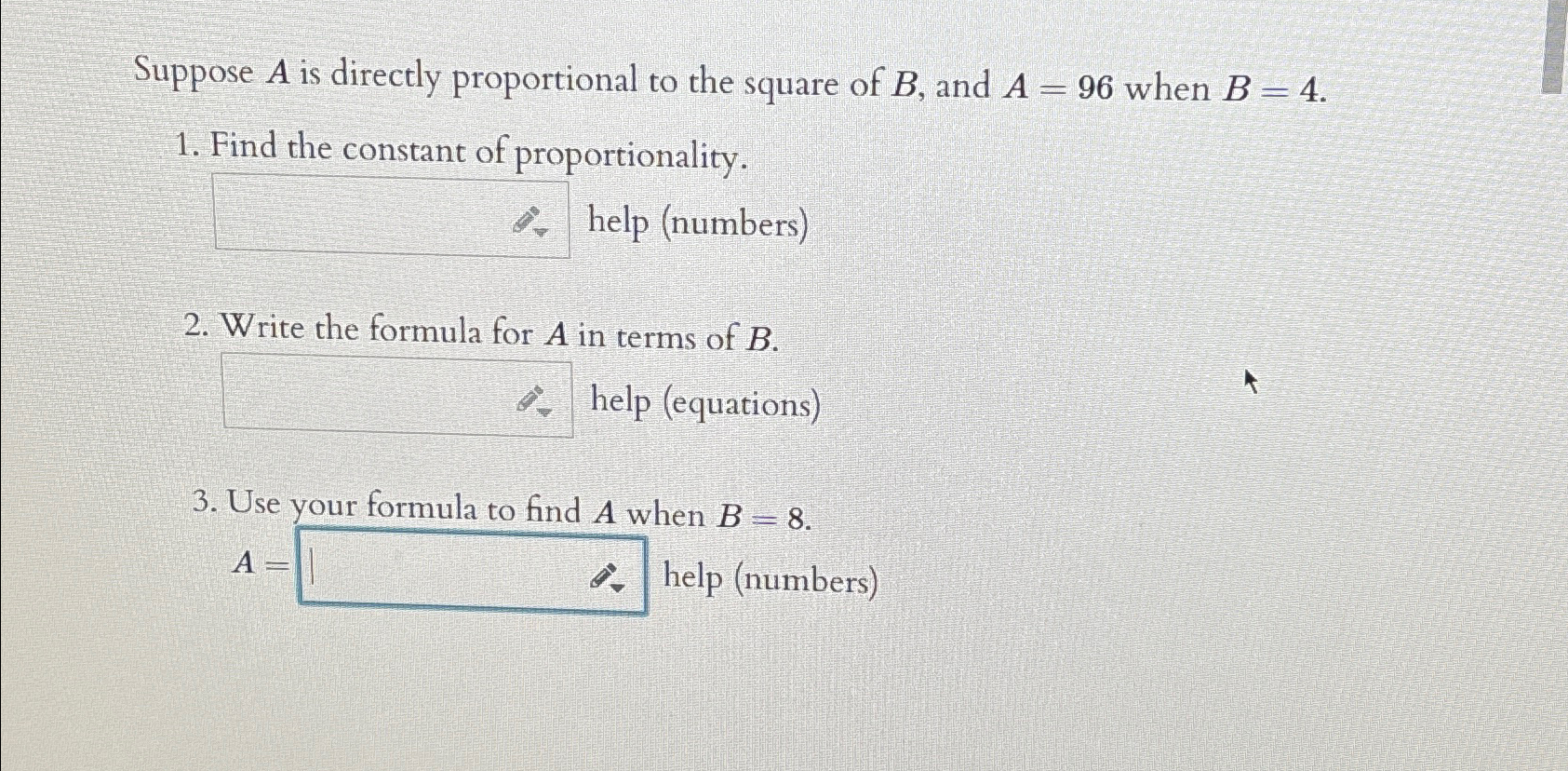 Solved Suppose A ﻿is directly proportional to the square of | Chegg.com