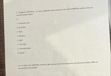 Solved V. ﻿Polygeoic inheritance: If a dark AagbDdEe man | Chegg.com