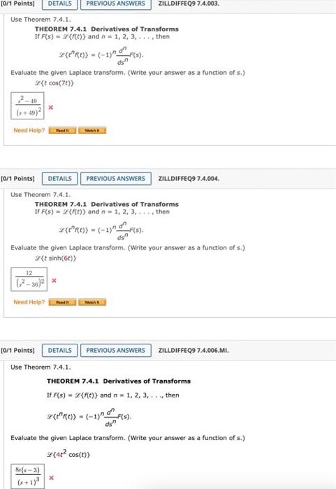 Solved Use Theorem 7,4,1. THEOREM 7.4.1 Derivatives of | Chegg.com