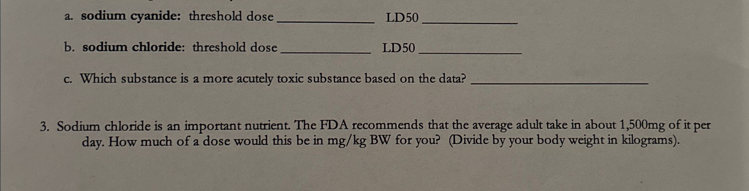 Solved a. ﻿sodium cyanide: threshold dose ﻿LD50 b. | Chegg.com