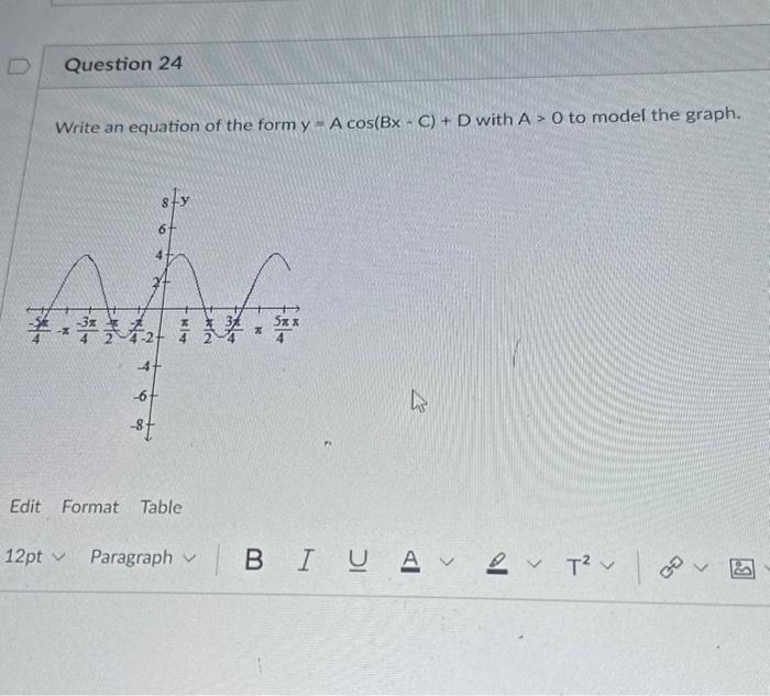 Solved Write an equation of the form y=Acos(Bx−C)+D with A>0 | Chegg.com