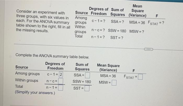Solved Mean Degrees of Sum of Square Consider an experiment | Chegg.com