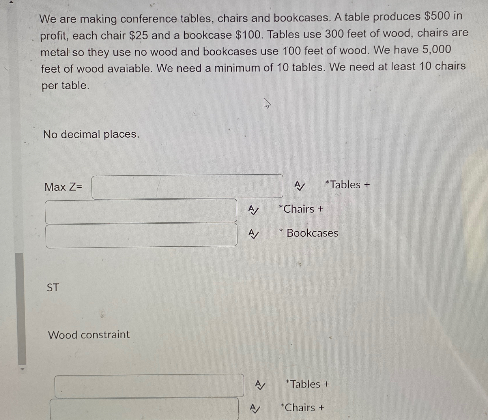 Solved We are making conference tables, chairs and | Chegg.com