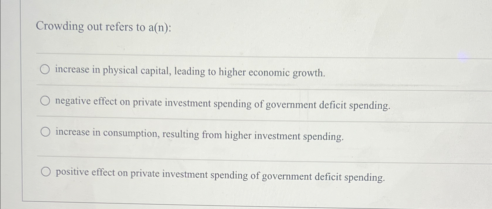 Solved Crowding out refers to a(n) ﻿:increase in physical | Chegg.com