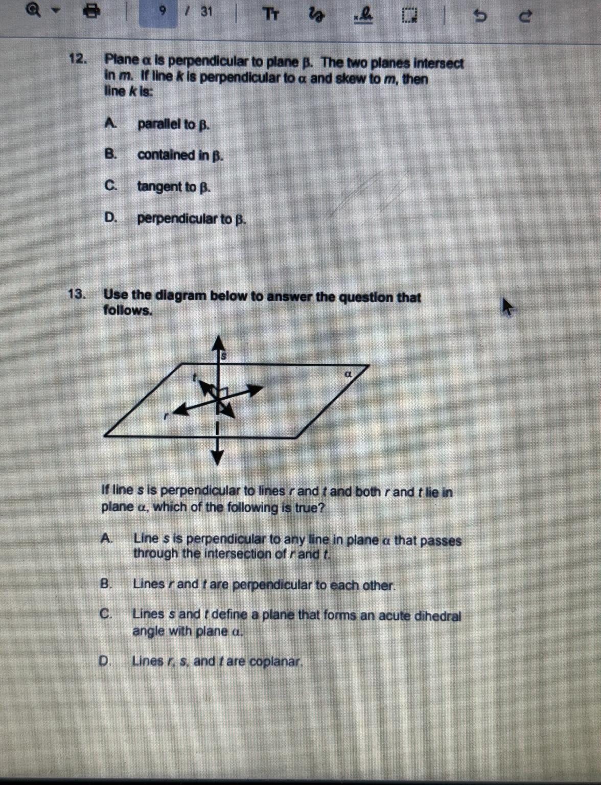Solved Plane α ﻿is perpendicular to plane β. ﻿The two planes | Chegg.com