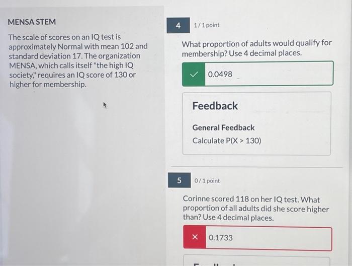 Solved MENSA STEM The scale of scores on an IQ test is | Chegg.com