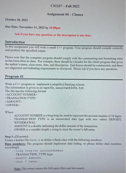Solved Assignment #4 - Classes October 28,2022 Due Date: | Chegg.com