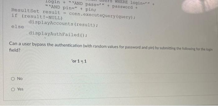 Solved The code fragment below implements the login | Chegg.com