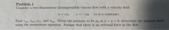 Solved Problem 1 Consider a two-dimensional incompressible | Chegg.com