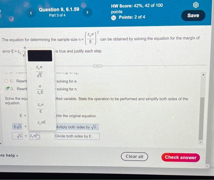 Solved The Equation For Determining The Sample Size