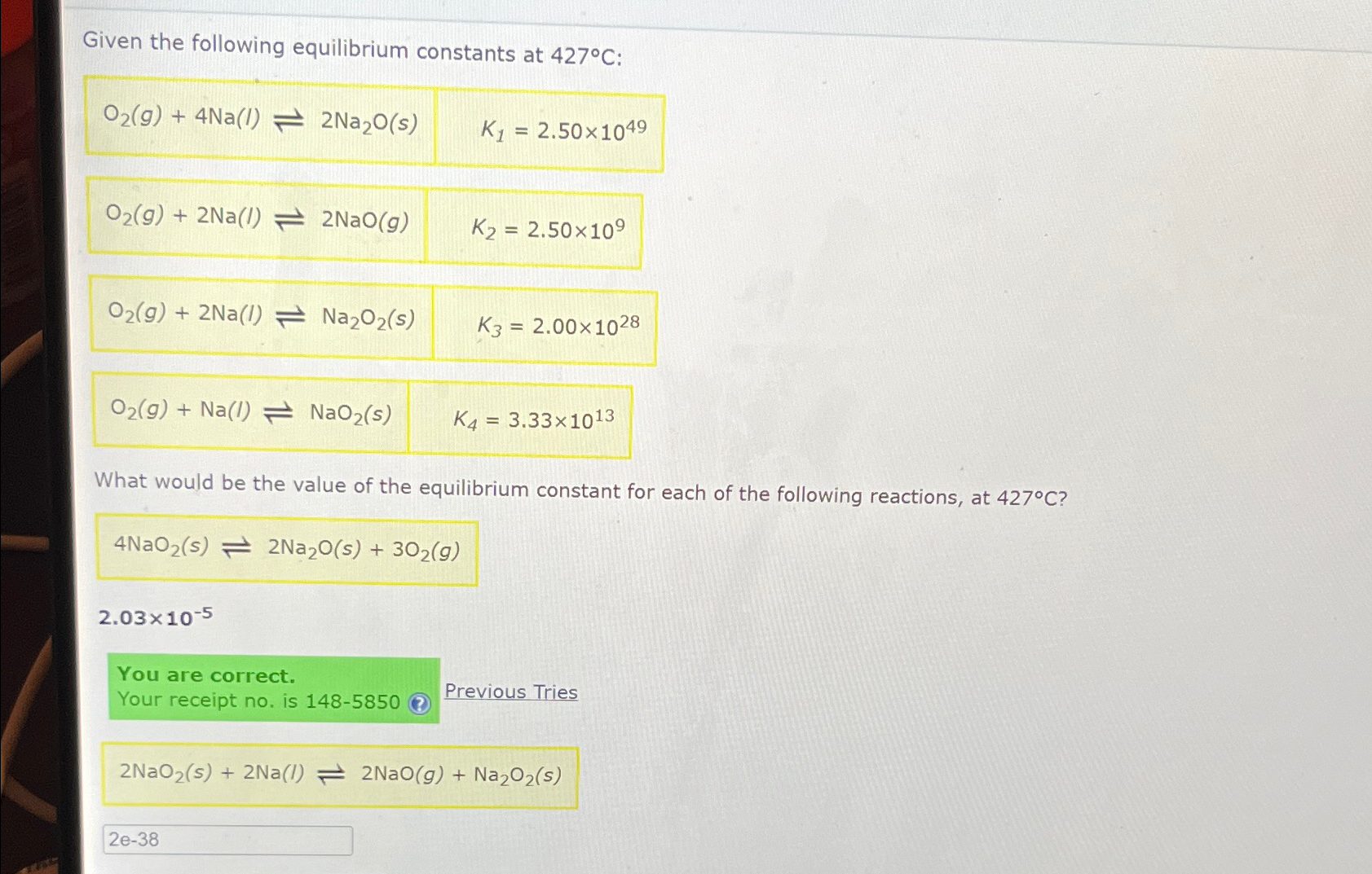 Solved Given the following equilibrium constants at 427°C | Chegg.com
