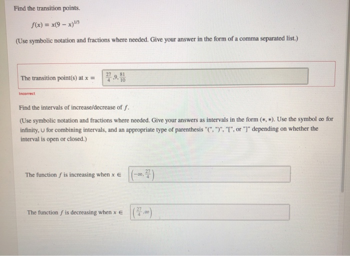 Solved Find the transition points. f(x) = x(9 - x)"} (Use | Chegg.com