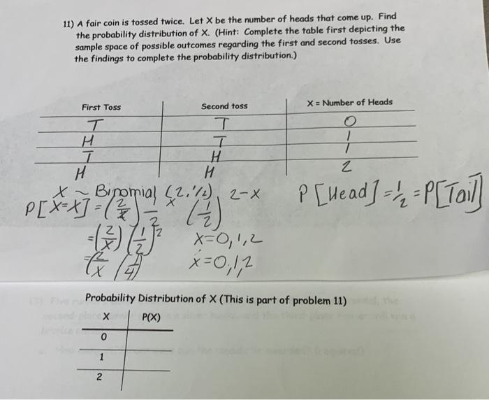 Solved 11) A fair coin is tossed twice. Let X be the number | Chegg.com