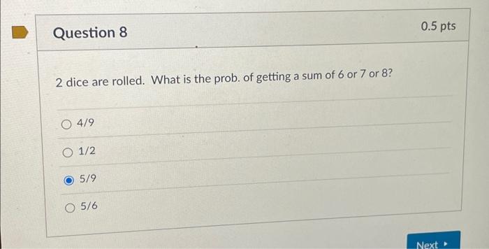 Solved 2 dice are rolled. What is the prob. of getting a sum | Chegg.com