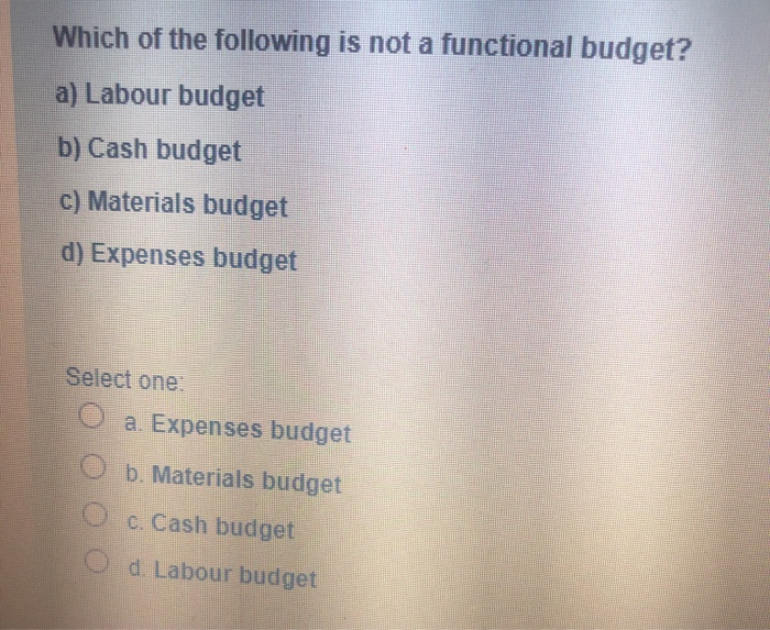 Solved Which Of The Following Is Not A Functional Budget A Chegg