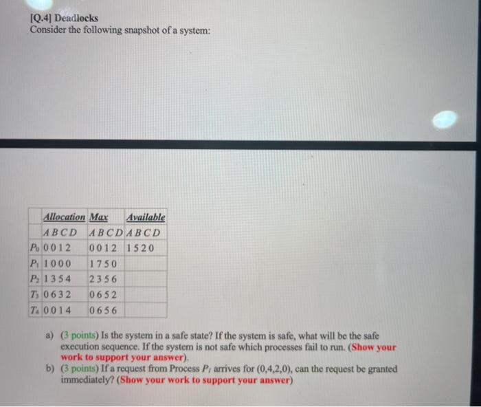 Solved IQ.4] Deadlocks Consider the following snapshot of a | Chegg.com