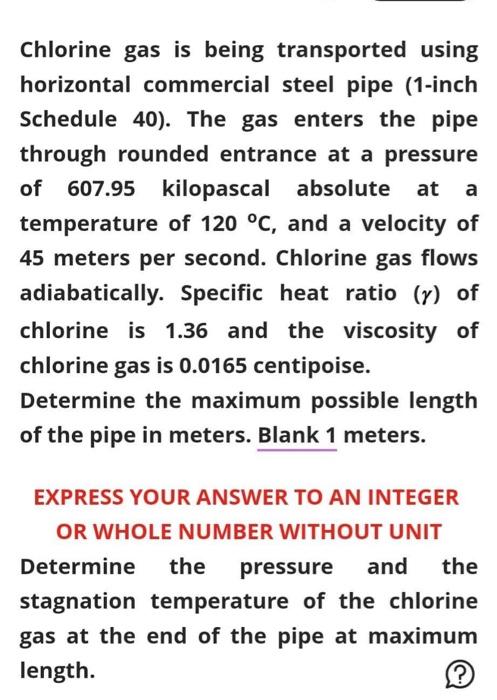 Solved Chlorine gas is being transported using horizontal | Chegg.com