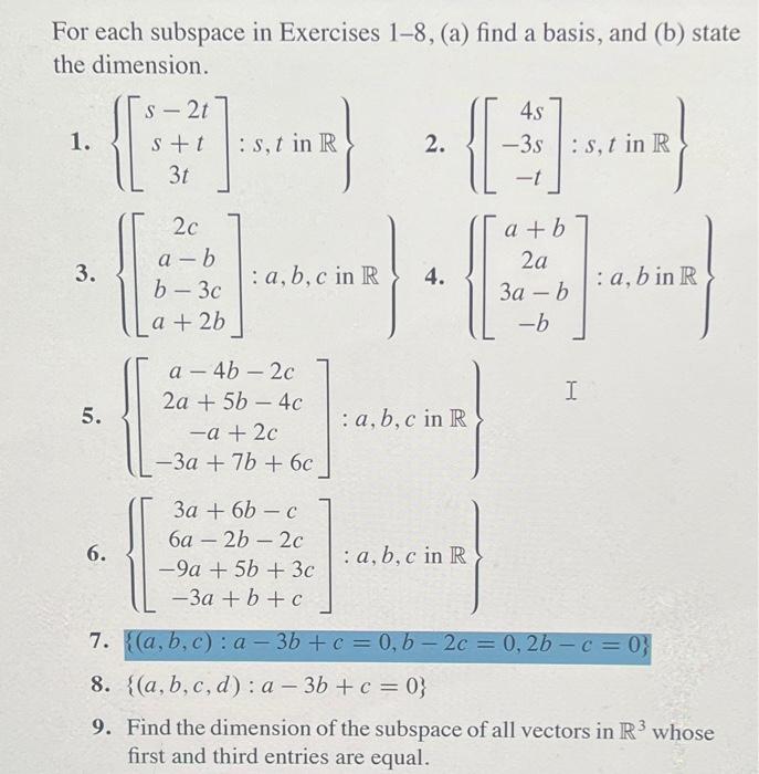 Solved For each subspace in Exercises 1-8, (a) find a basis, | Chegg.com