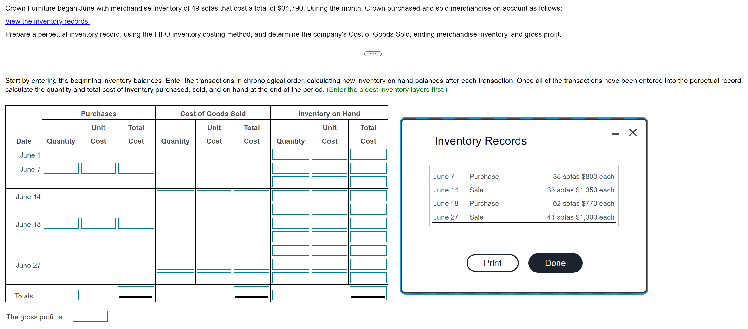 Solved Crown Furniture began June with merchandise inventory | Chegg.com